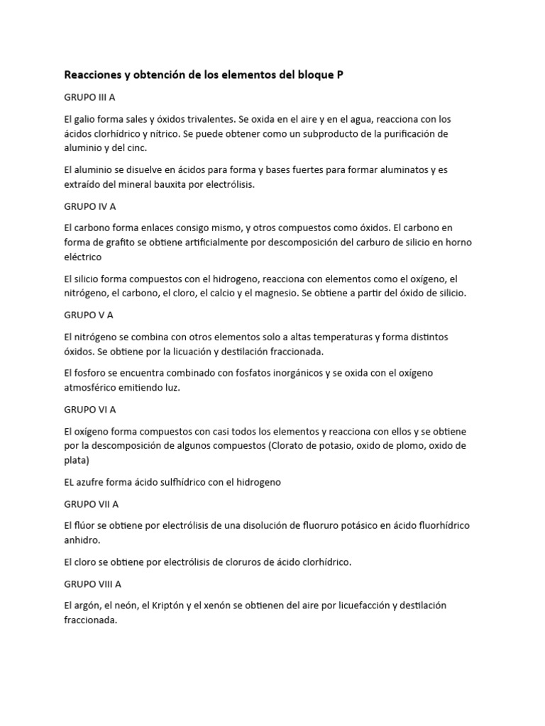 Reacciones y Obtención de Los Elementos Del Bloque P | PDF