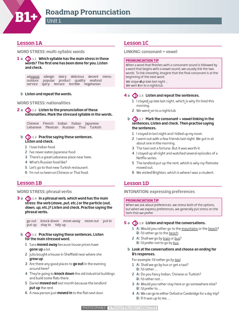 ROADMAP B1+ Pron Worksheet Unit | PDF | Stress (Linguistics) | Syllable