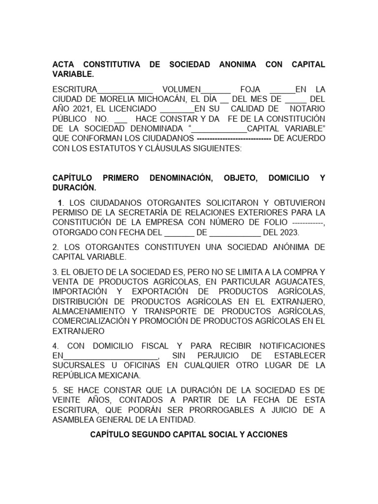 Acta Constitutiva de Sociedad Anonima Con Capital Variable | PDF