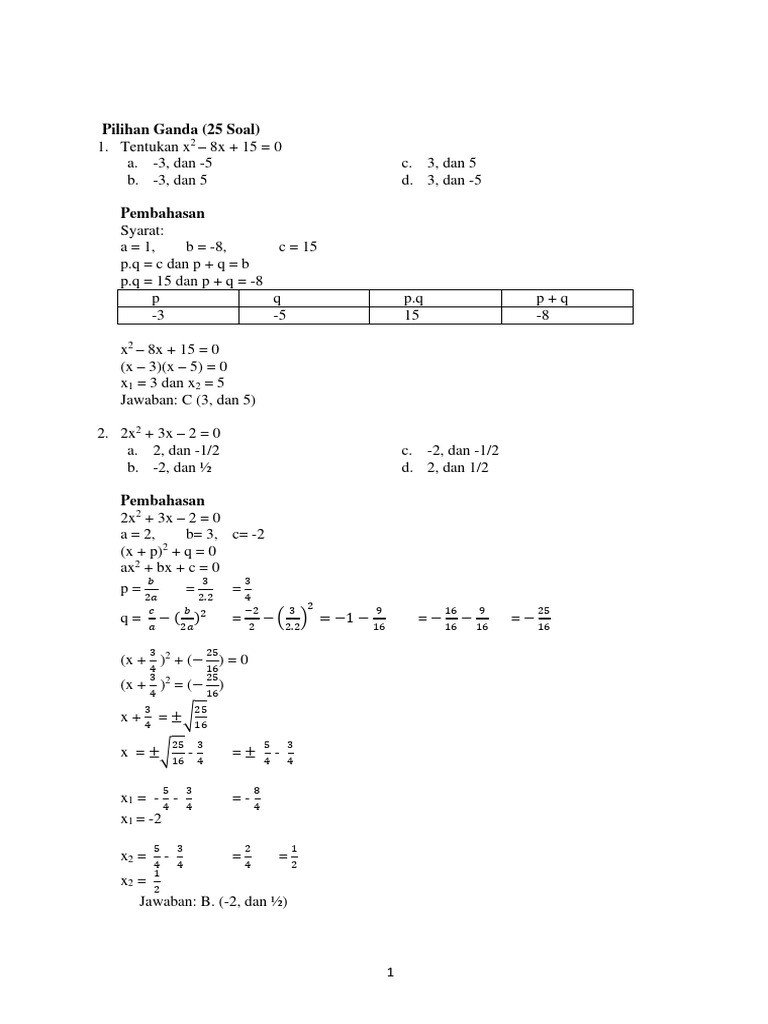 Soal Matematika Persamaan Kuadrat Kelas | PDF | Teaching Methods & Materials