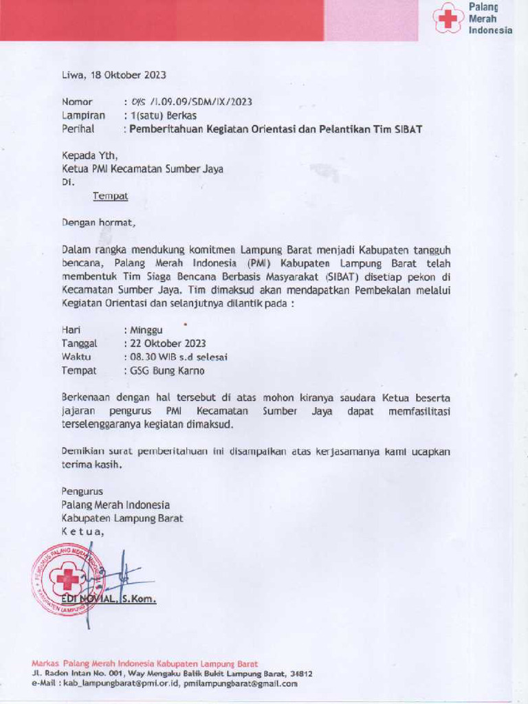 Surat Pemberitahuan Ke Pmi Sumber Jaya | PDF