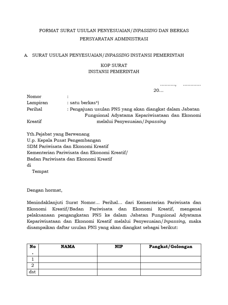 Format Surat Usulan Penyesuaian Atau Inpassing Dan Berkas Persyaratan ...