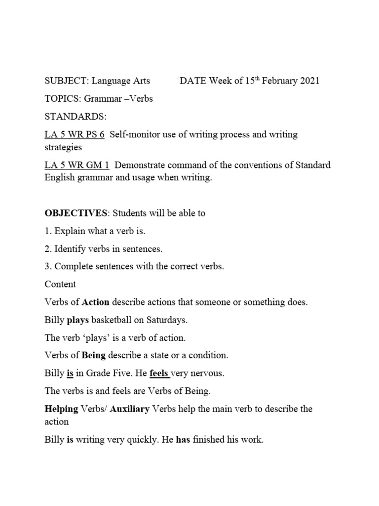 Verbs Lesson Plan | PDF | Verb | Subject (Grammar)