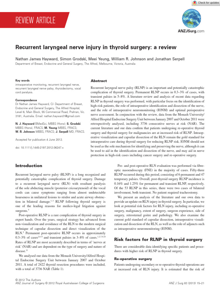 ANZ Journal of Surgery - 2012 - Hayward - Recurrent Laryngeal Nerve ...