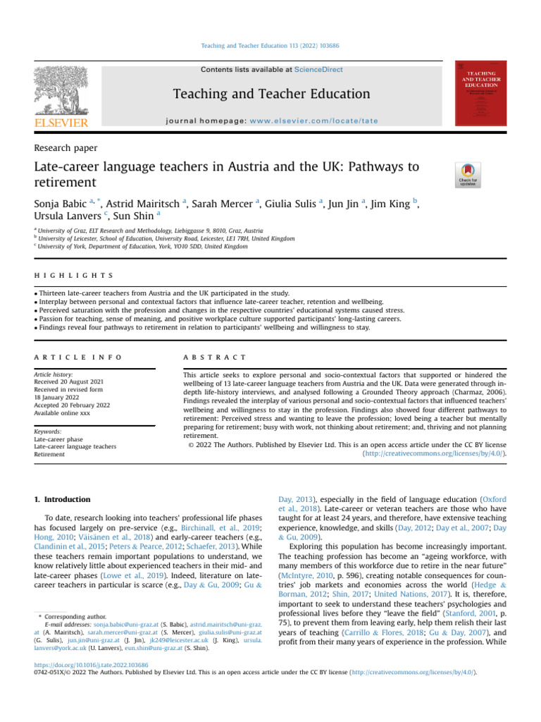 Babic Et Al - 2022 - Late-Career Language Teachers in Austria and The UK2 | PDF | Teachers ...