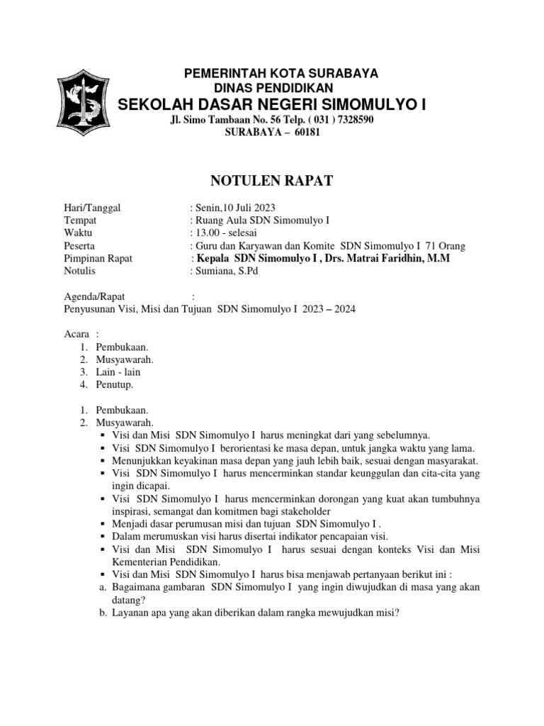 NOTULEN RAPAT VISI MISI SDN SIMOMULYO I | PDF NOTULEN RAPAT VISI MISI SDN SIMOMULYO I | PDF