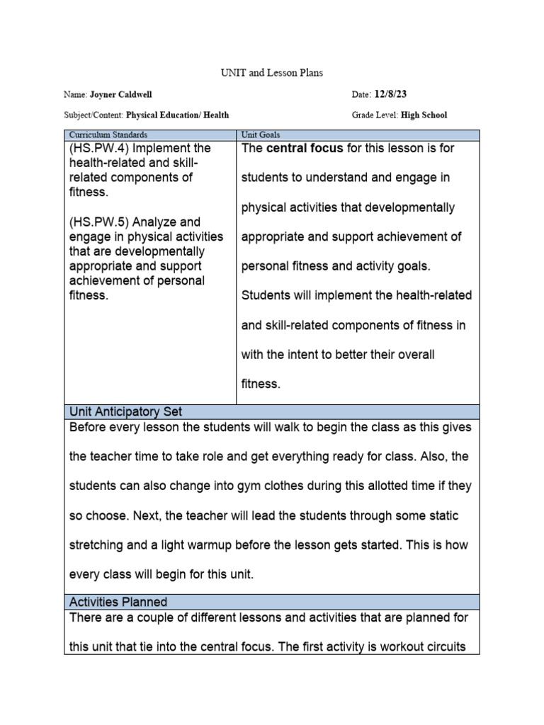 unit and lesson plans 1 | PDF | Physical Fitness | Educational Assessment