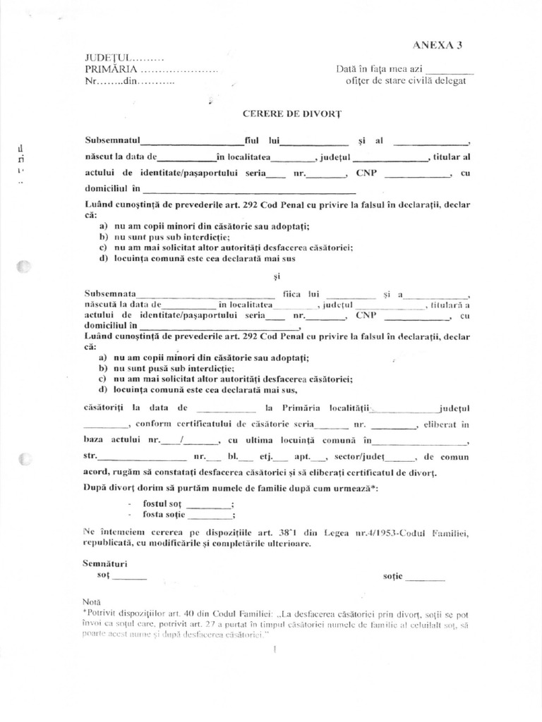 Cerere de Divort ANEXA 3 | PDF