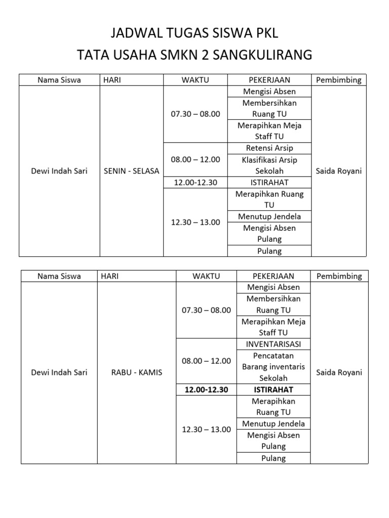 Jadwal Tugas Siswa PKL | PDF