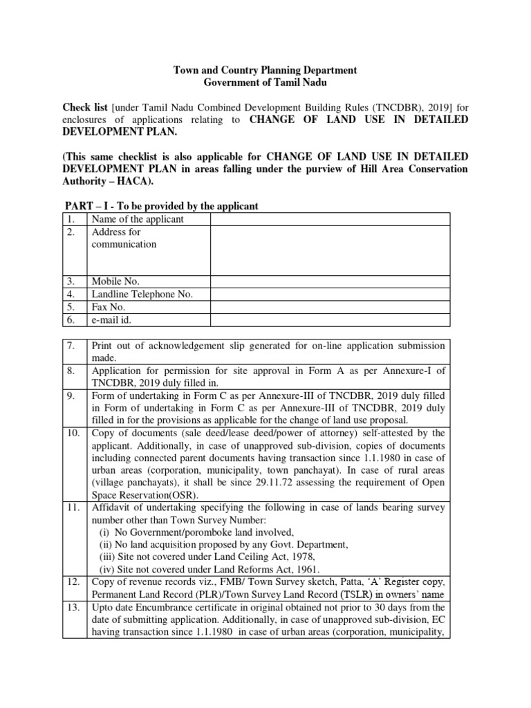 DTCP Land Use Change Checklist Tamil Nadu | PDF