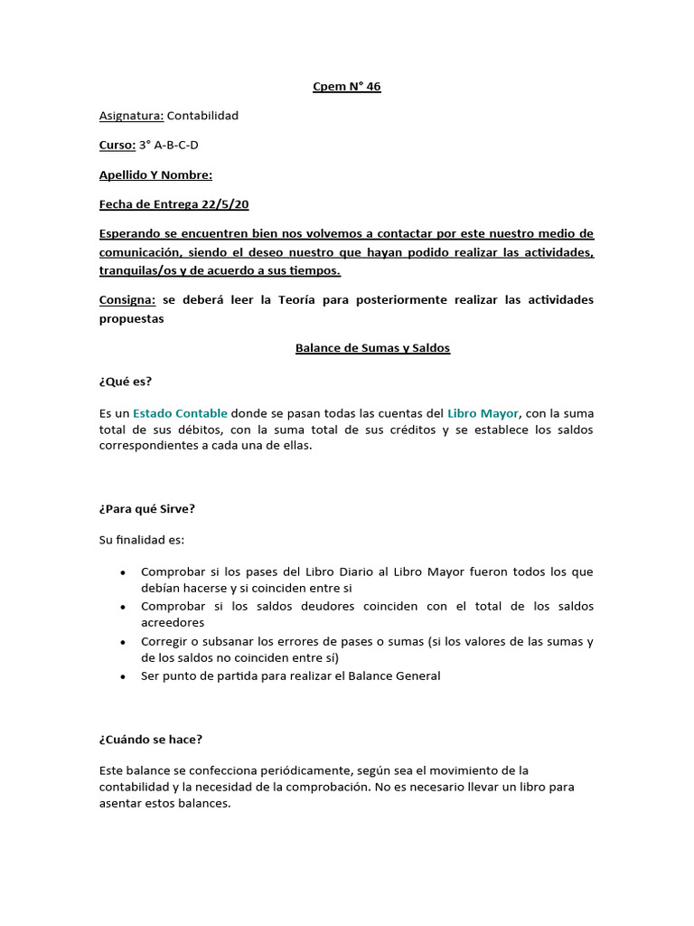 CPEM 46 Actividad Práctica Repaso 3° Libro Diario - Mayor y Balance de Sumas y Saldos | PDF ...