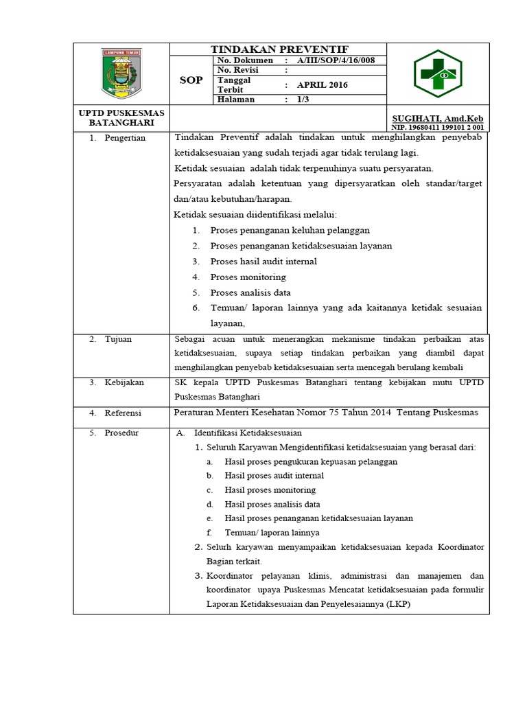 Sop Preventif Puskesmas | PDF
