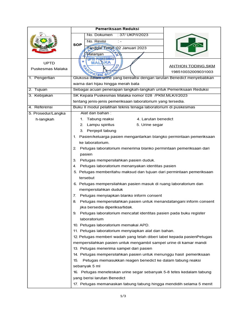 SOP Pemeriksaan Reduksi Urine | PDF