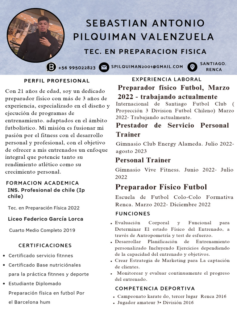 CV Sebastian Pilquiman Valenzuela PF | PDF | Aptitud física
