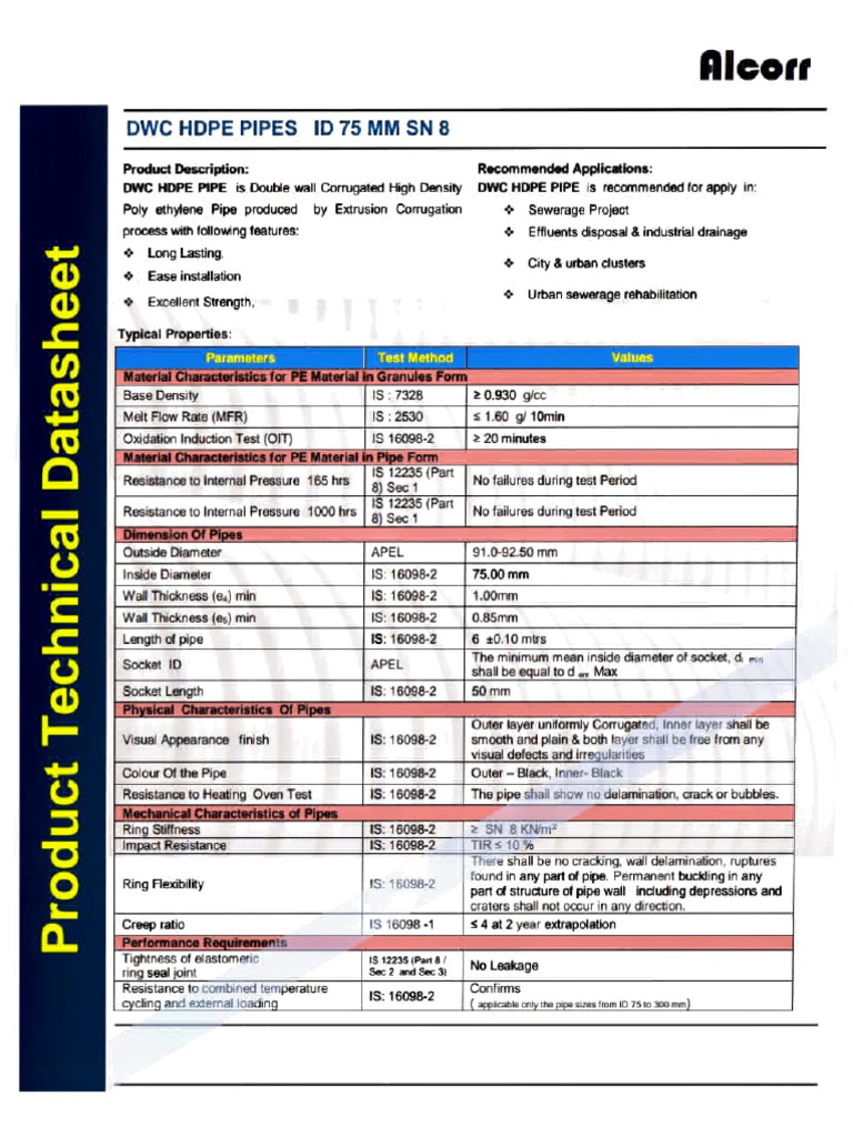 DWC HDPE Pipe Specifications and Testing | PDF | Pipe (Fluid Conveyance ...