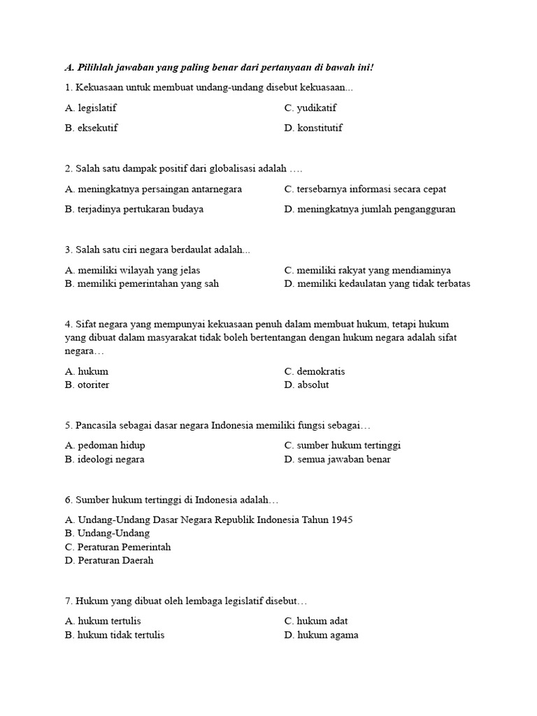 Soal Pas PPKN Kelas X Semester 1 | PDF