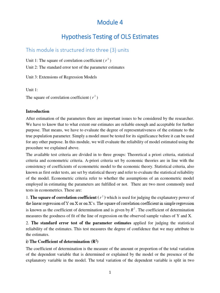 Hypothesis Testing Of Ols Unit 1 Pdf Econometrics Regression Analysis 