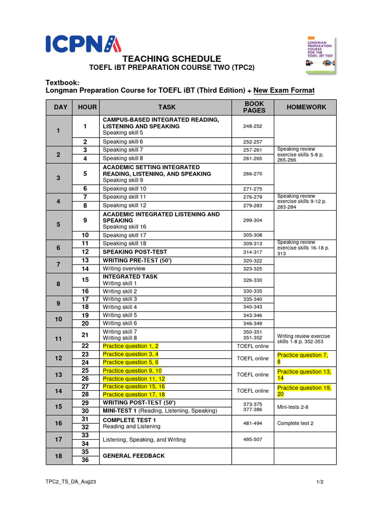 TPC2 Teaching Schedule - Draft | PDF
