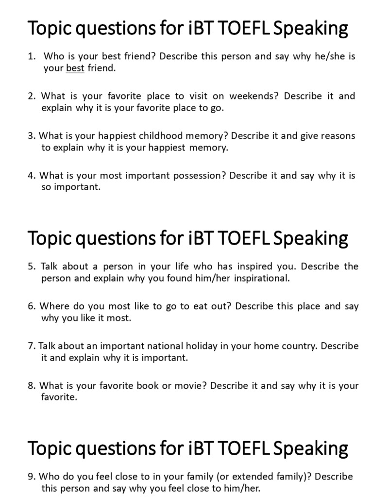 TOEFL iBT Speaking - Topic Questions | PDF