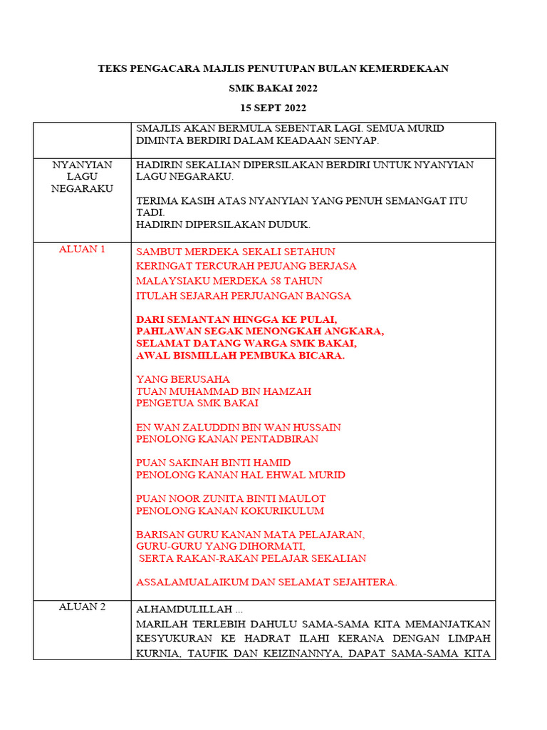 Teks Pengacara Majlis Penutupan Kemerdekaan | PDF | Perjalanan | Agama ...