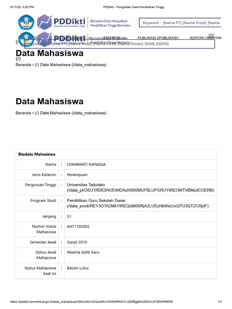 PDDikti - Pangkalan Data Pendidikan Tinggi LISMAWATI NANGGA | PDF
