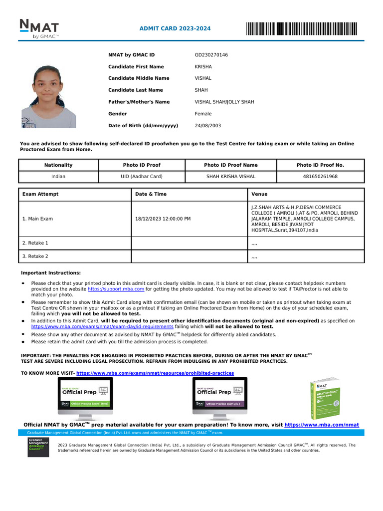 NMAT Admit Card 2023-2024 Details | PDF