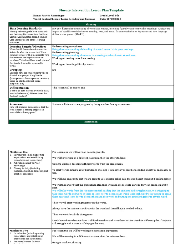 Assessing and Teaching Fluency Mini Lesson Template 1 1 - Merged | PDF ...
