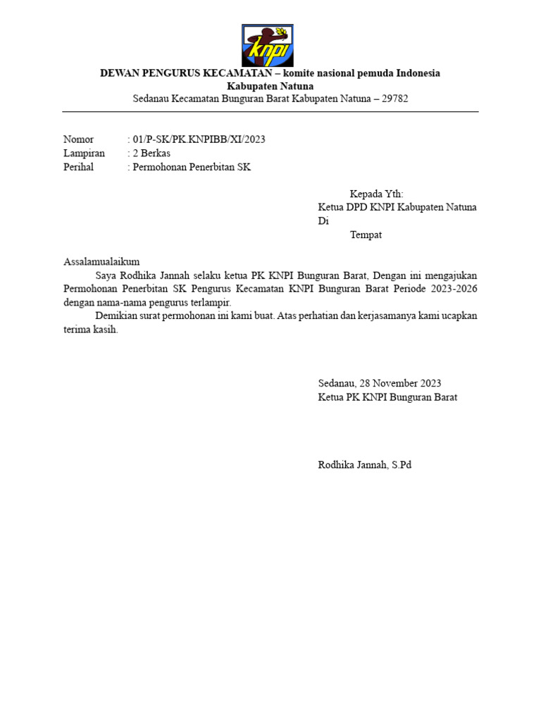 Surat Permohonan Penerbitan SK | PDF