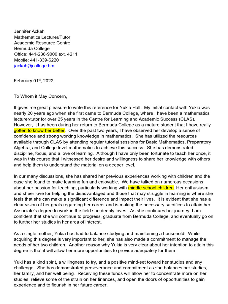Reference Letter For Yukia Hall (Draft 1), SP 22 | PDF | Mathematics ...