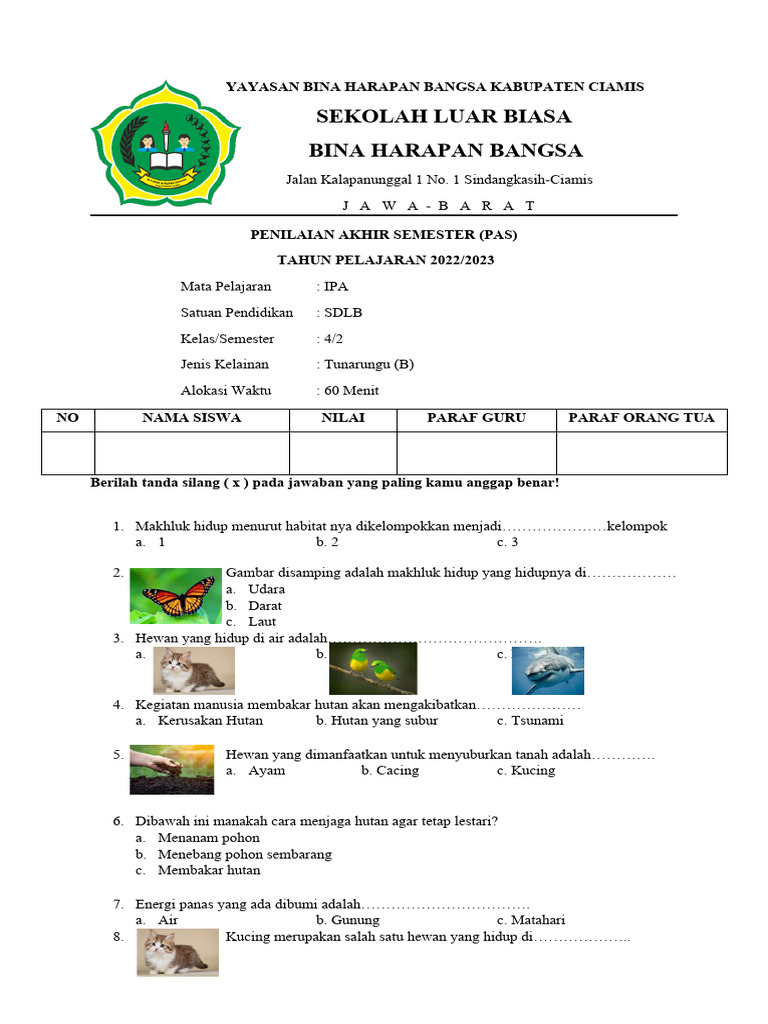 Soal Pas Ipa Kelas 4 SDLB Tunarungu 2023 | PDF