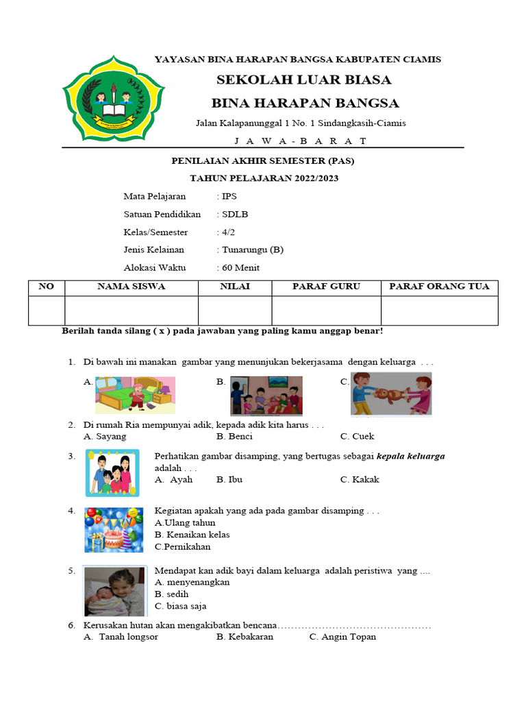 Soal Pas Ips Kelas 4 SDLB Tunarungu 2023 | PDF