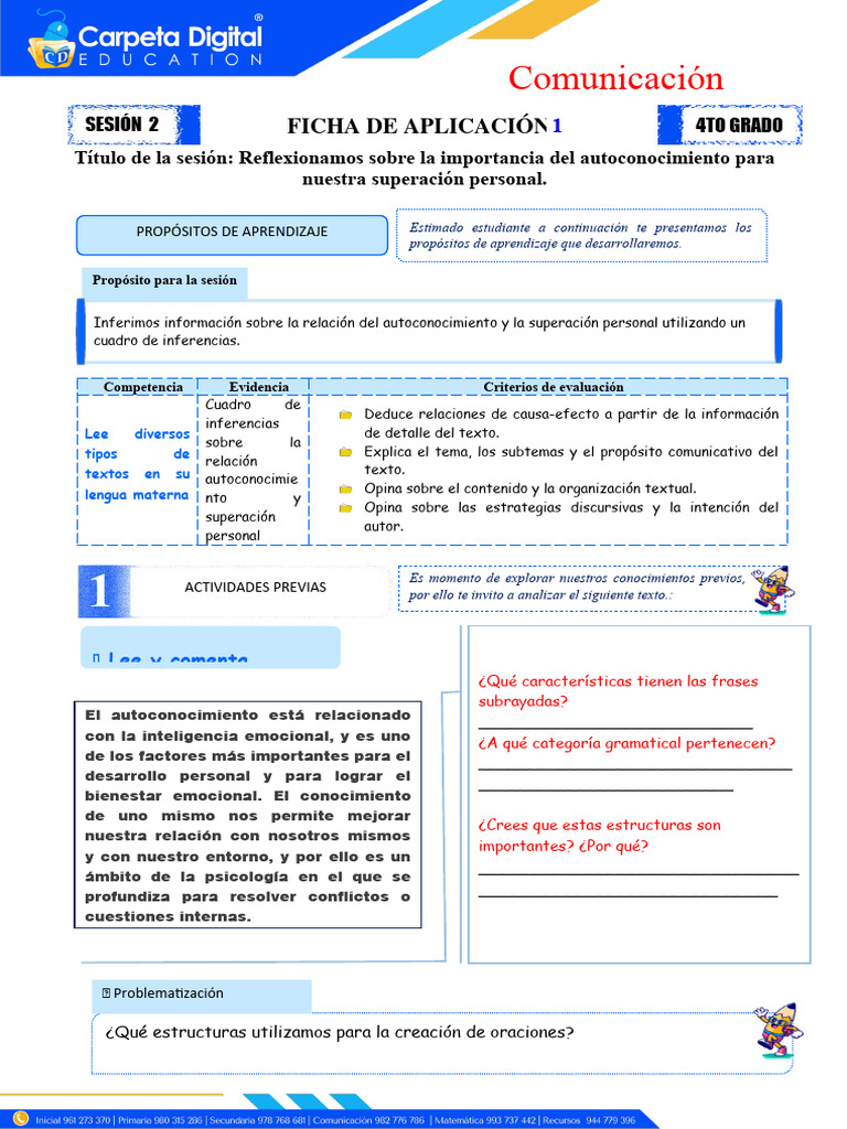 4° - Ficha - de - Aplicación Sesión2 Sem.1 Exp.7 Com | PDF | Las emociones | Autoestima