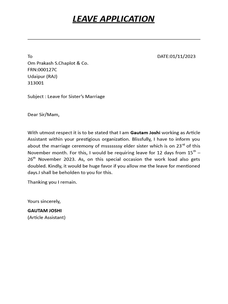 Leave Application for Sister's Wedding | PDF