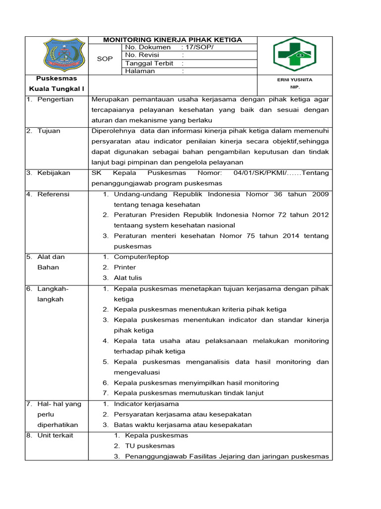 Sop Monitoring Kinerja Pihak Ketiga | PDF | Pengembangan Diri