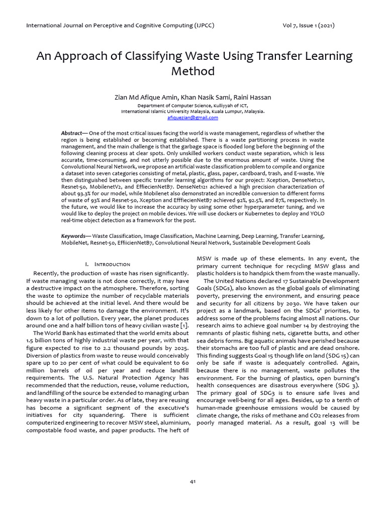 An Approach of Classifying Waste Using Transfer Learning Method | PDF