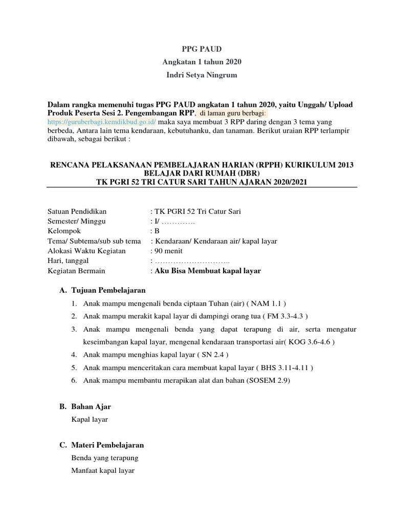 Contoh RPPH PAUD Tema Diri Sendiri | PDF