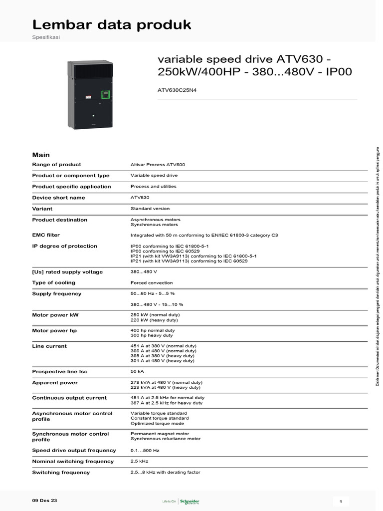ATV630C25N4 Variable Speed Drive Specs | PDF | Electric Motor | Relay