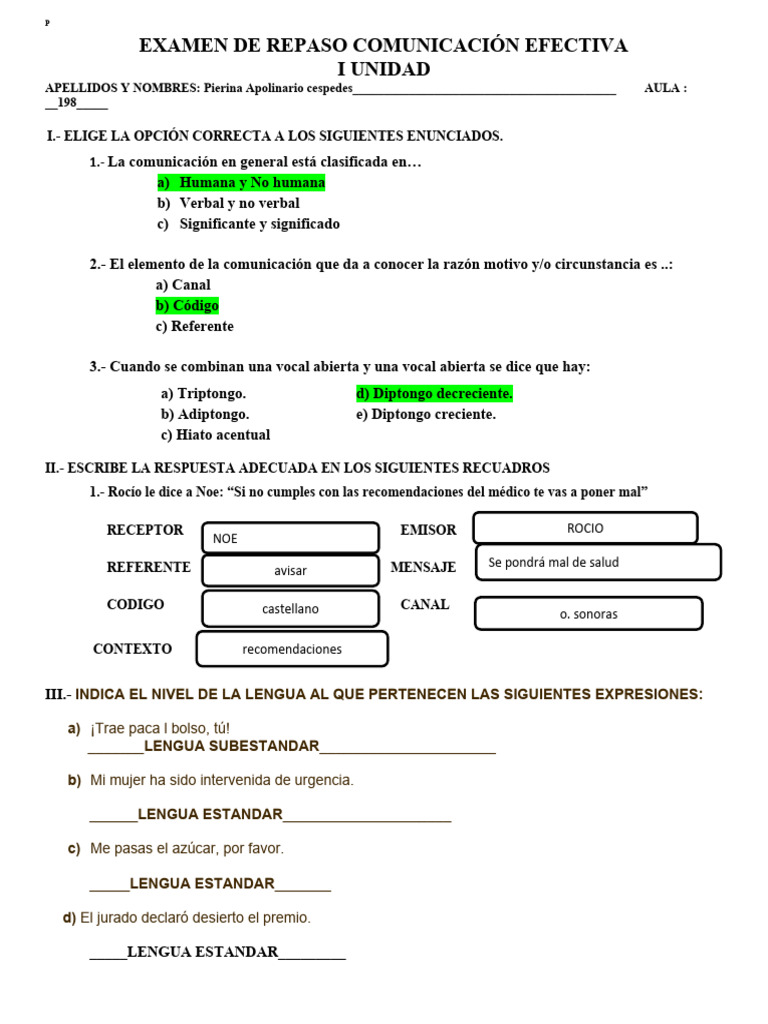 Examen de Repaso I Unidad | PDF | Comunicación | Verbo