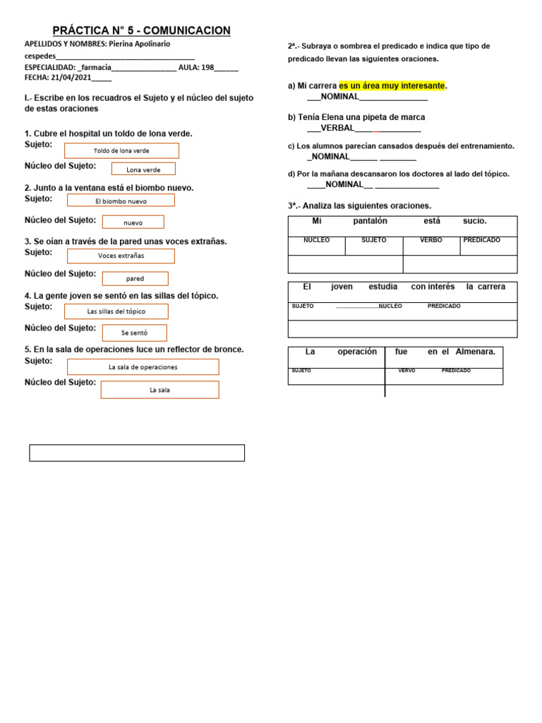 Practica 5 Sujeto y Predicado | PDF | Predicado (Gramática) | Asunto (gramática)