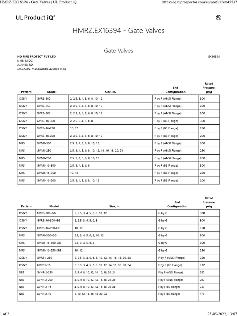 EX16394 UL COC Gate Valves | PDF | Computing | Data Management