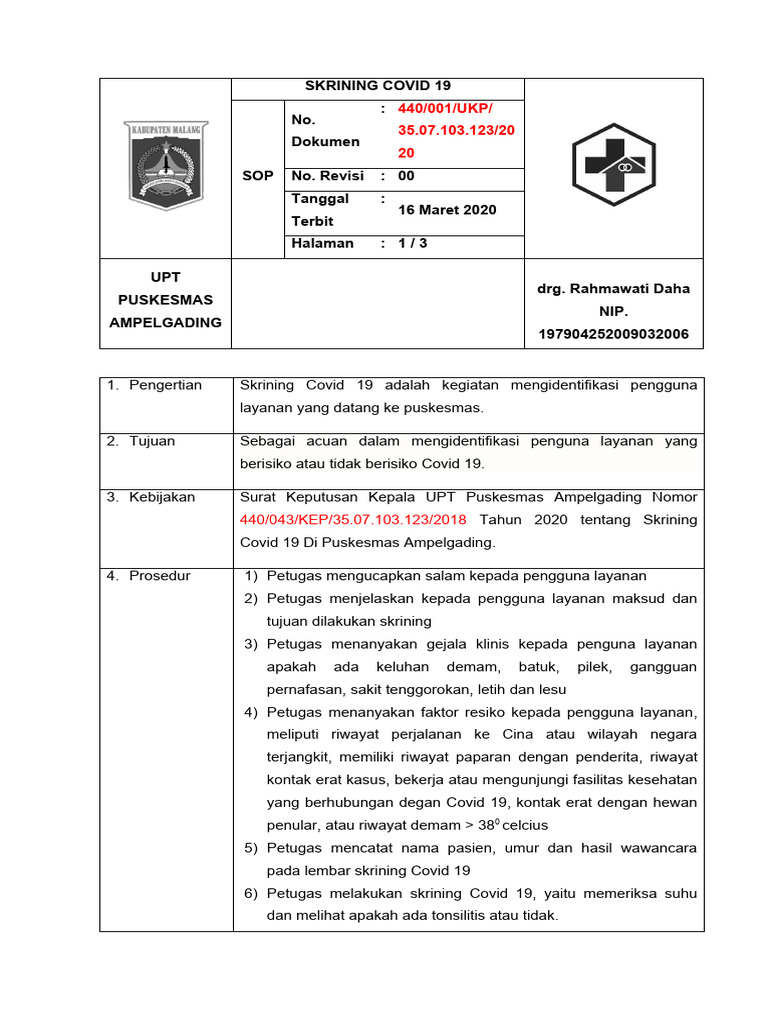 Sop Skrining Covid 19 | PDF