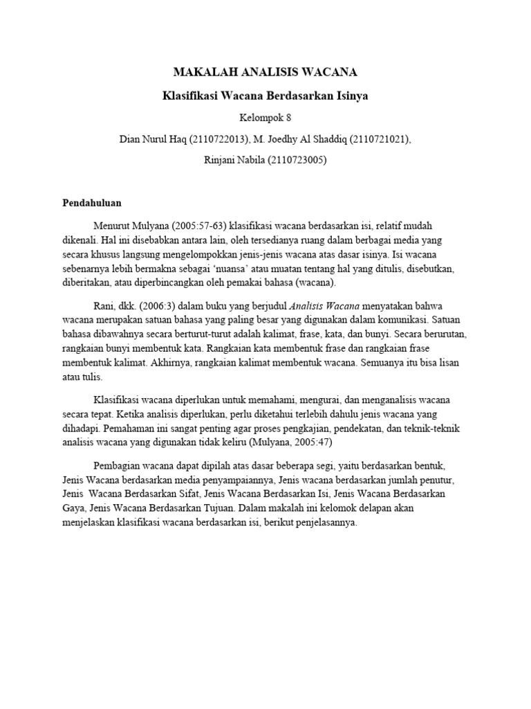 Klasifikasi Wacana Berdasarkan Isinya KLP 8docx-1 | PDF Klasifikasi Wacana Berdasarkan Isinya KLP 8docx-1 | PDF