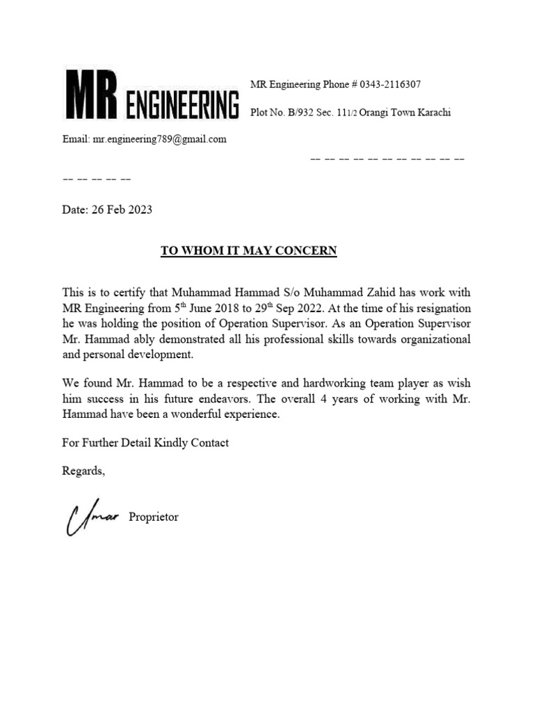 Experience Certificate for Supervisor | PDF