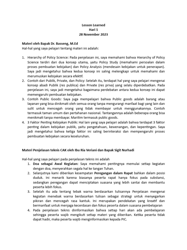 Day 1 Lesson Learned | PDF | Karier & Perkembangan | Bisnis