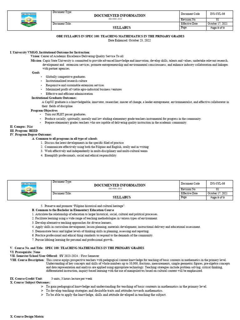 SYLLABUS Teaching Math in The Primary SPEC 108 BEED 2 2023 2024 | PDF | Learning | Shape