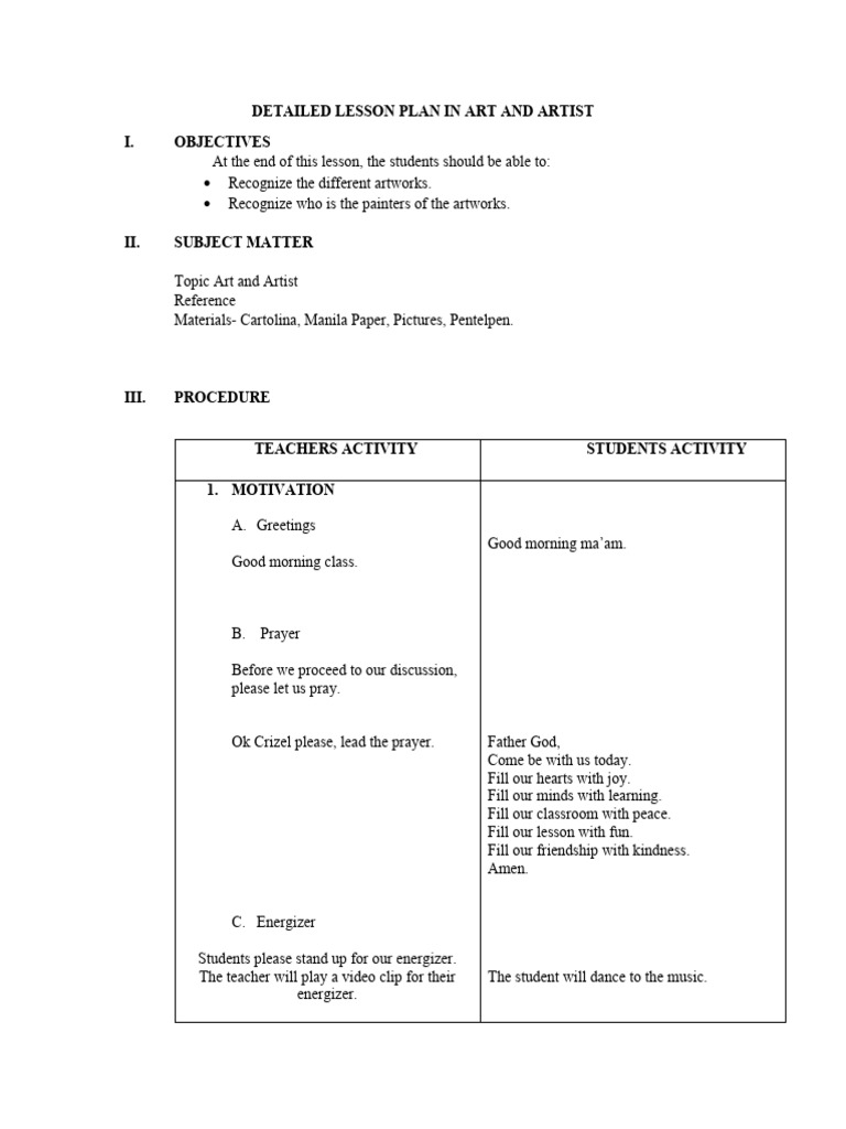 Detailed-Lesson-Plan-In-Art-And-Artist 2 | PDF | Lesson Plan