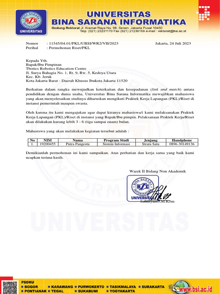 Permohonan PKL Mahasiswa UBSI | PDF