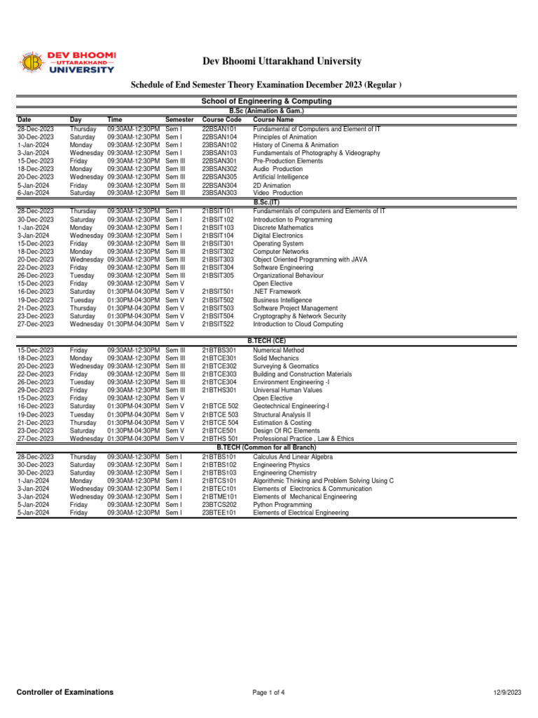 Datesheet End Semester Examination - SOEC | PDF