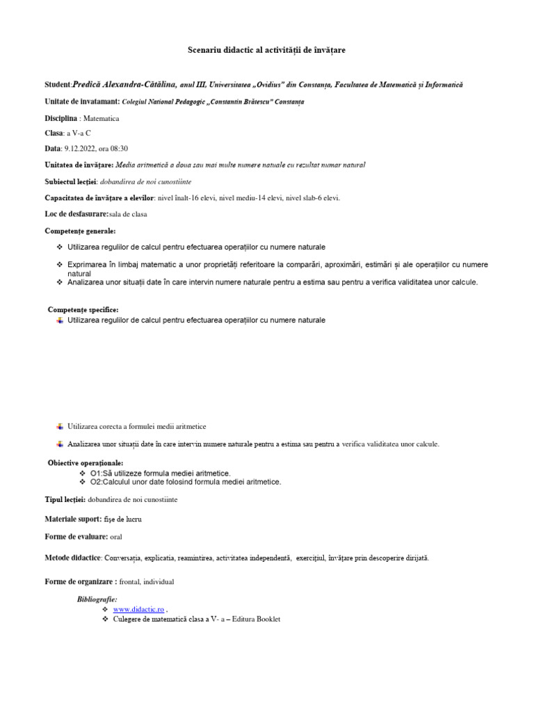Planul de Lectie Media Aritmetica | PDF