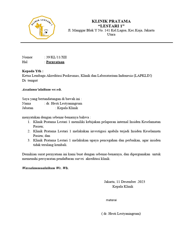 Surat Pernyataan IKP (KLINIK LESTARI I) | PDF